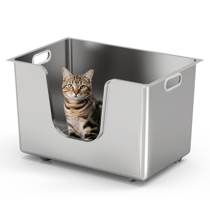 Ptlom High Side Stainless Steel Cat Anti-Splashing Kitty Litter Box ...